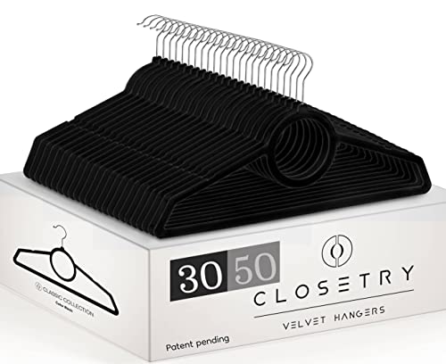 Closetry, Extra Sturdy Hangers, Velvet Hangers, (50/30 Pack) Non-Slip Hanger, Strap Holder Notch, Belt, Tie, and Scarf Loop, Suit Hanger, Dress Hanger, Shirt Hanger, Coat Hanger, Black/Ivory,