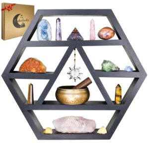 hexagon crystal shelf display - large 21" black geometric altar shelf for crystals - table or hanging wood hexagon floating shelves -boho crystal display shelf & essential oils - spiritual decor gifts