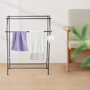 MYOYAY Freestanding Towel Rack with Storage Shelf 3-Tier Bathroom Towel Bar Rack Metal Quilt Rack Stand and Display Rack for Bathroom Bedroom Laundry Room