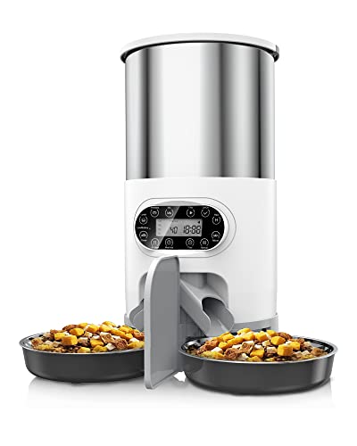 Automatic Cat Feeders 2 Cat, 4.5L Cat Food Dispenser with Splitter and Two Stainless Bowls, Timed Cat Feeder, up to 4 Meals with Portion Control, 10s Voice Recorder