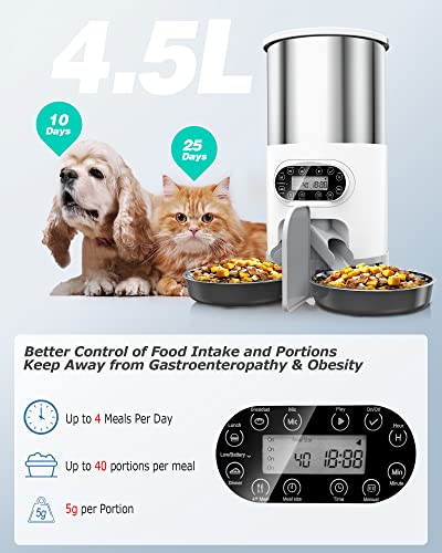 Automatic Cat Feeders 2 Cat, 4.5L Cat Food Dispenser with Splitter and Two Stainless Bowls, Timed Cat Feeder, up to 4 Meals with Portion Control, 10s Voice Recorder