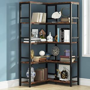 tribesigns 5 tier corner bookshelf, industrial large corner etagere bookcase, 5-shelf tall corner shelf storage display rack for living room home office, rustic brown