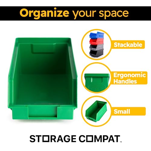 Storage Compat 50-Pack Small Storage Bin | Wall Mount Storage, Hanging and Stacking Bin, Freestanding | 7” x 4” x 3” Plastic Container | Green | Zeus 1PLZ02