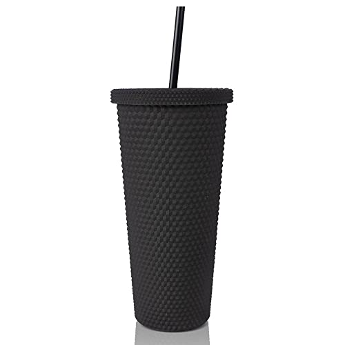 24Oz Studded Matte Black Tumbler, Reusable Plastic Cup, with Lid and Straw, Studded Double Venti Cup,Water Bottle, 100% BPA Free, Insulated Cold Only, Leak Proof, Wide Mouth for Easy Cleaning (Black)