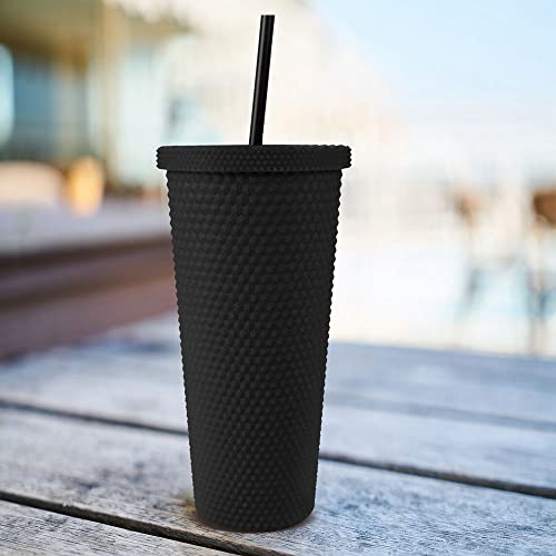 24Oz Studded Matte Black Tumbler, Reusable Plastic Cup, with Lid and Straw, Studded Double Venti Cup,Water Bottle, 100% BPA Free, Insulated Cold Only, Leak Proof, Wide Mouth for Easy Cleaning (Black)