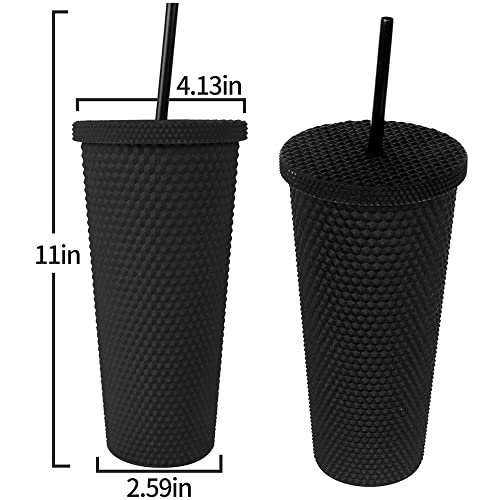 24Oz Studded Matte Black Tumbler, Reusable Plastic Cup, with Lid and Straw, Studded Double Venti Cup,Water Bottle, 100% BPA Free, Insulated Cold Only, Leak Proof, Wide Mouth for Easy Cleaning (Black)