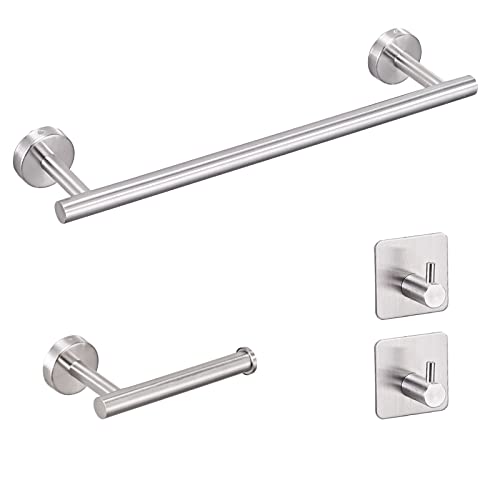 Bathroom Hardware Set, 4 PCS Brushed Nickel Bathroom Towel Rack Set, Include 16 inch Hand Towel Bar, Toilet Paper Holder, 2 Adhesive Towel Robe Hooks, Stainless Steel Bathroom Accessories Set