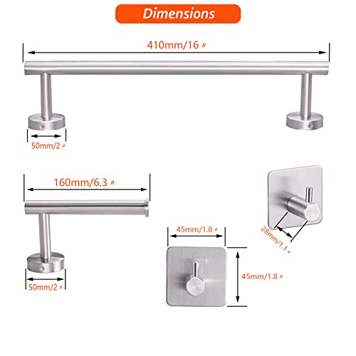 Bathroom Hardware Set, 4 PCS Brushed Nickel Bathroom Towel Rack Set, Include 16 inch Hand Towel Bar, Toilet Paper Holder, 2 Adhesive Towel Robe Hooks, Stainless Steel Bathroom Accessories Set