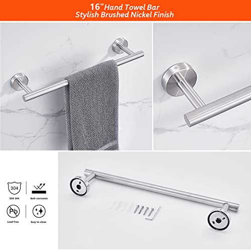 Bathroom Hardware Set, 4 PCS Brushed Nickel Bathroom Towel Rack Set, Include 16 inch Hand Towel Bar, Toilet Paper Holder, 2 Adhesive Towel Robe Hooks, Stainless Steel Bathroom Accessories Set