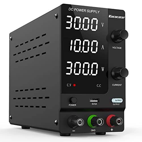 IKococater DC Power Supply Variable 30V 10A with Output Switch, Adjustable Regulated Switching Bench Power Supply with 4-Digits LED Power Display, 5V/2A USB Interface, Accurate Encoder Adjustment Knob