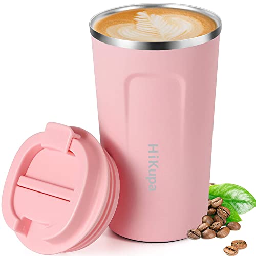 HiKupa Insulated Travel Mug with Lid, 510ml Leakproof Stainless Steel Tumbler, BPA Free, Double Walled Vacuum Coffee Mug, Thermal Cup for Hot and Cold Drinks (17oz, Pink)