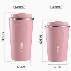 HiKupa Insulated Travel Mug with Lid, 510ml Leakproof Stainless Steel Tumbler, BPA Free, Double Walled Vacuum Coffee Mug, Thermal Cup for Hot and Cold Drinks (17oz, Pink)