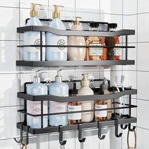 wekin shower caddy bathroom organizer, wall mount shower organizer with hooks, no drilling rustproof stainless steel self-adhesive shower shelves for bathroom and kitchen storage matte black 2 pack