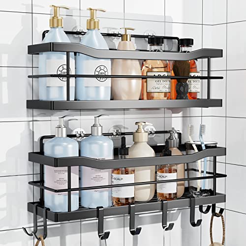 Wekin Shower Caddy Bathroom Organizer, Wall Mount Shower Organizer with Hooks, No Drilling Rustproof Stainless Steel Self-Adhesive Shower Shelves for Bathroom and Kitchen Storage Matte Black 2 Pack