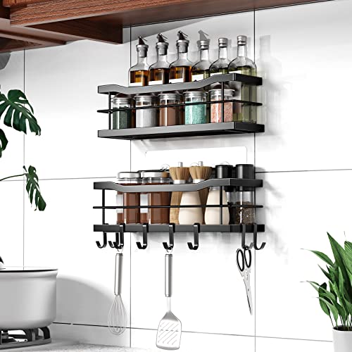 Wekin Shower Caddy Bathroom Organizer, Wall Mount Shower Organizer with Hooks, No Drilling Rustproof Stainless Steel Self-Adhesive Shower Shelves for Bathroom and Kitchen Storage Matte Black 2 Pack