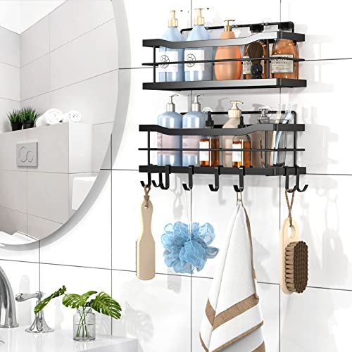 Wekin Shower Caddy Bathroom Organizer, Wall Mount Shower Organizer with Hooks, No Drilling Rustproof Stainless Steel Self-Adhesive Shower Shelves for Bathroom and Kitchen Storage Matte Black 2 Pack