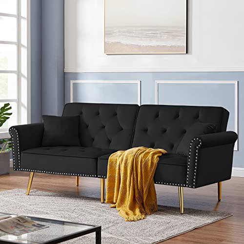 Antetek Velvet Futon Sofa Bed Convertible Sleeper Sofa Couch with Two Pillows, Modern Loveseat Sofa with 3 Adjustable Positions and 6 Golden Metal Legs for Living Room and Bedroom, Black