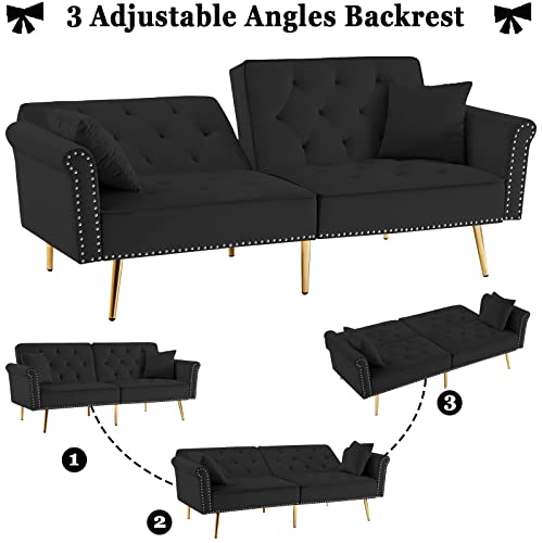 Antetek Velvet Futon Sofa Bed Convertible Sleeper Sofa Couch with Two Pillows, Modern Loveseat Sofa with 3 Adjustable Positions and 6 Golden Metal Legs for Living Room and Bedroom, Black