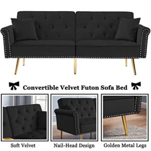 Antetek Velvet Futon Sofa Bed Convertible Sleeper Sofa Couch with Two Pillows, Modern Loveseat Sofa with 3 Adjustable Positions and 6 Golden Metal Legs for Living Room and Bedroom, Black