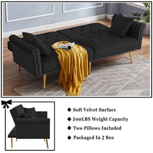 Antetek Velvet Futon Sofa Bed Convertible Sleeper Sofa Couch with Two Pillows, Modern Loveseat Sofa with 3 Adjustable Positions and 6 Golden Metal Legs for Living Room and Bedroom, Black