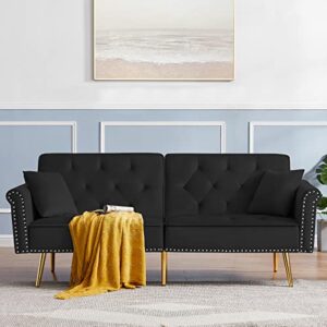 Antetek Velvet Futon Sofa Bed Convertible Sleeper Sofa Couch with Two Pillows, Modern Loveseat Sofa with 3 Adjustable Positions and 6 Golden Metal Legs for Living Room and Bedroom, Black