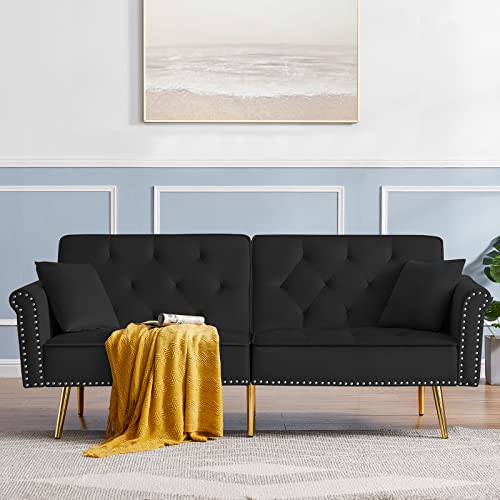 Antetek Velvet Futon Sofa Bed Convertible Sleeper Sofa Couch with Two Pillows, Modern Loveseat Sofa with 3 Adjustable Positions and 6 Golden Metal Legs for Living Room and Bedroom, Black