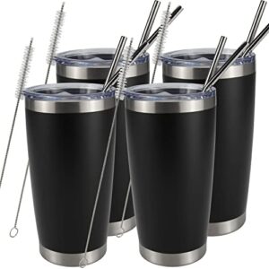 kmass kmax 4pack 20oz stainless steel vacuum insulated travel cup with lids and straws and cleaning brush double wall travel mug coffee cup stainless steel tumblers for home, office (black)