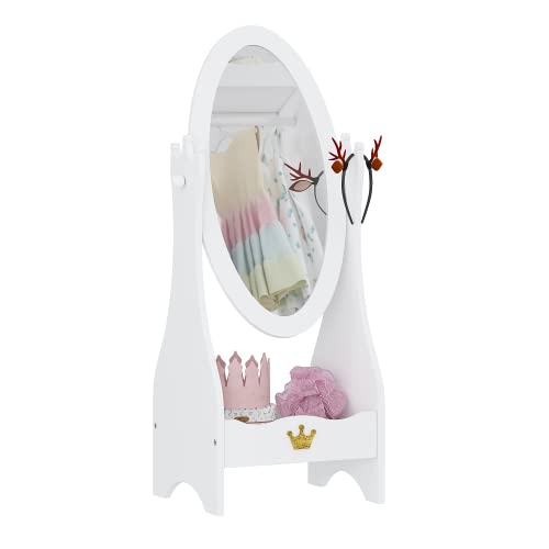 UTEX Kids Full Length Mirror, Kids Free-Standing Dressing Mirror with Adjustable Viewed, Wooden Mirror with Storage for 3-7 Years Old, White