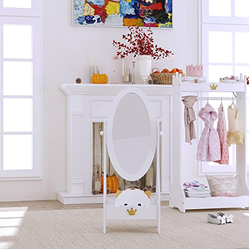 UTEX Kids Full Length Mirror, Kids Free-Standing Dressing Mirror with Adjustable Viewed, Wooden Mirror with Storage for 3-7 Years Old, White