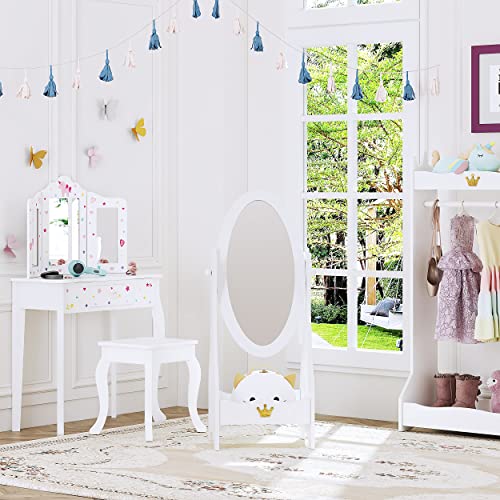 UTEX Kids Full Length Mirror, Kids Free-Standing Dressing Mirror with Adjustable Viewed, Wooden Mirror with Storage for 3-7 Years Old, White