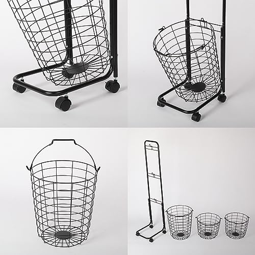 MYOYAY 3-Tier Laundry Basket 360° Moveable Iron Art Laundry Basket with Wheels Metal Wire Small Clothes Storing Stand Removable Dirty Clothes Storage Basket Bathroom Balcony Black