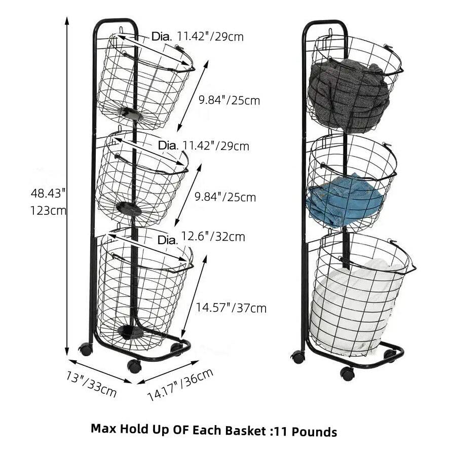 MYOYAY 3-Tier Laundry Basket 360° Moveable Iron Art Laundry Basket with Wheels Metal Wire Small Clothes Storing Stand Removable Dirty Clothes Storage Basket Bathroom Balcony Black