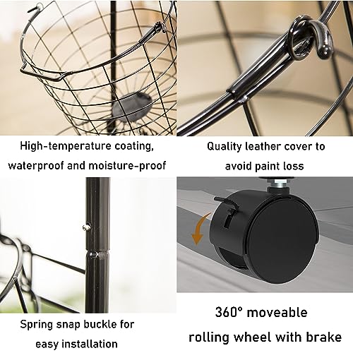 MYOYAY 3-Tier Laundry Basket 360° Moveable Iron Art Laundry Basket with Wheels Metal Wire Small Clothes Storing Stand Removable Dirty Clothes Storage Basket Bathroom Balcony Black