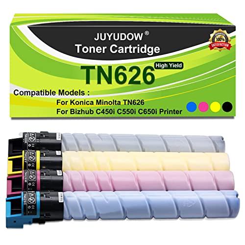 Juyudow Toner Cartridge Compatible for Konica Minolta TN626 TN-626 for Bizhub C450i C550i C650i (4 Pack, BK, C, Y, M) Part#: ACV1130 ACV1230 ACV1330 ACV1430 High Yield 28000 Pages