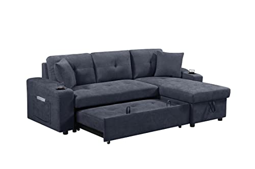 Longrune Modern Velvet Sectional Convertible with 2 Cupholders and Two Side Pockets,Reversible Pull Out Couch Storage Chaise Lounge for Living Room Apartment, Dark Gray