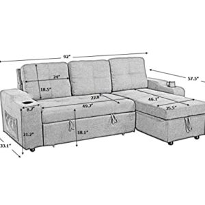 Longrune Modern Velvet Sectional Convertible with 2 Cupholders and Two Side Pockets,Reversible Pull Out Couch Storage Chaise Lounge for Living Room Apartment, Dark Gray