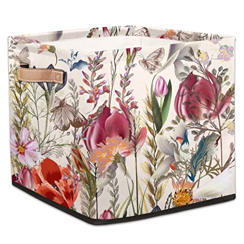 Butterfly Flower Storage Basket Bins for Organizing Pantry/Shelves/Office/Girls Room, Spring Floral Storage Cube Box with Handles Collapsible Toys Organizer 13x13