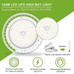 UFO LED High Bay Light 150W LED Warehouse Lights IP65 for Wet Location LED Commercial Area Lighting Fixture for Gym Factory Warehouse ETL Certified 5' Cable 5000K 1-10V Dimmable 21000LM White 2Pack