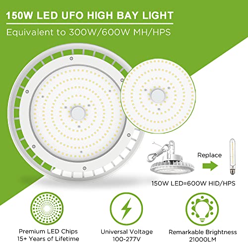 UFO LED High Bay Light 150W LED Warehouse Lights IP65 for Wet Location LED Commercial Area Lighting Fixture for Gym Factory Warehouse ETL Certified 5' Cable 5000K 1-10V Dimmable 21000LM White 2Pack