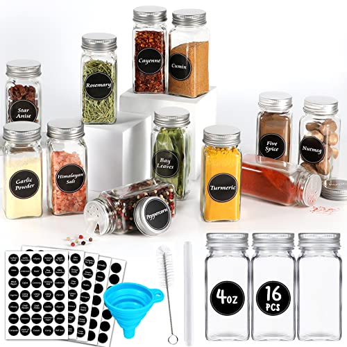 AuroTrends Spice Jars with Label 4oz 16Pcs, 4oz Spice Containers Complete Set, Square Glass Spice Jars with Shaker Lids- Seasoning Jars| Preprinted Labels & Blank Labels| Chalk Marker| Brush| Funnel