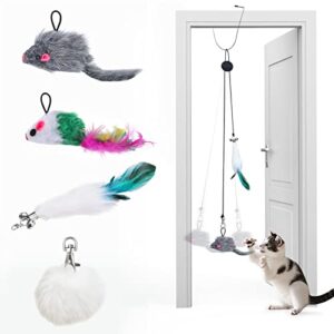 otunrues cat feather toys, interactive cats toy for indoor cats, hanging cat toys doorway retractable cat teaser toy 4pcs replaceable natural feathers refills play exercise puzzle toys