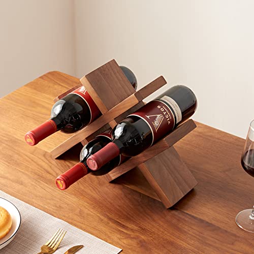 Wine Rack Countertop Oak Solid Wood Wine Organizer Rack 4 Bottles Holder for Wine, Drinks, Beer, Suit for Home, Bar, Kitchen,Cellar Basement,Walnut