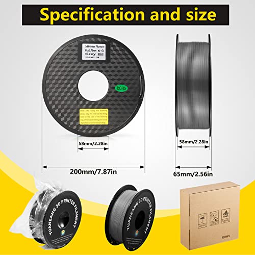 PLA 3D Printer Filament, YUANEANG Gray PLA Filament, 1.75mm Dimensional Accuracy +/- 0.02 mm, 1 kg 2.2Lbs Spool