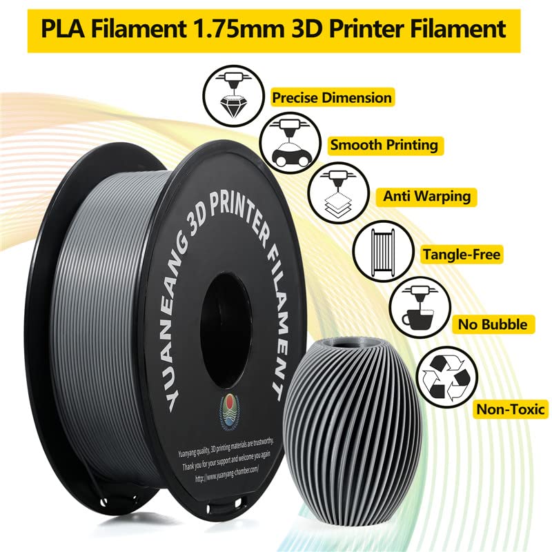 PLA 3D Printer Filament, YUANEANG Gray PLA Filament, 1.75mm Dimensional Accuracy +/- 0.02 mm, 1 kg 2.2Lbs Spool