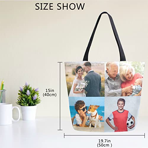 Naanle Personalized Canvas Tote Bag Large Women Casual Shoulder Bag Custom Customized Handbag Reusable Cotton Bag Gift, 4 Photos Collage