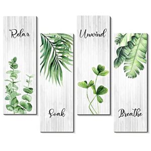 creoate bathroom wall decor 4 pieces relax soak unwind breathe sign green wall decor with botanical leaf art print set, wood plaque hanging decor for bathroom decor, small 4 x 12 inch x4pcs