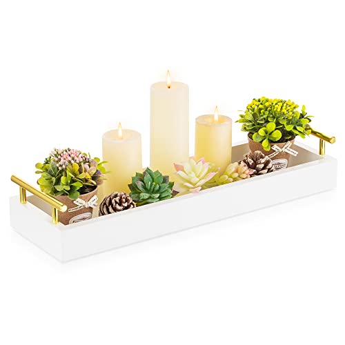 Hanobe Rectangle Long Narrow Tray: Decorative Trays Rectangular Candle Holder Trays for Home Decor White Centerpiece Tray Decor Serving Tray with Gold Handles for Dining Table Coffee Bar Living Room