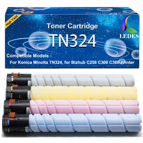 Ledes High Yield 4 Pack TN324 Toner Cartridge Replacement for Konica Minolta TN-324 TN 324 Compatible with Bizhub C258 C308 C368 Printer A8DA130 A8DA230 A8DA330 A8DA430 (28000 Pages, BK, C, M, Y)