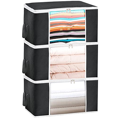 Clothes Storage Bags,Thickened Three-Layer Fabric Foldable Clothes Organizer Storage,Reinforced Handle,Sturdy Zipper,for Quilts,Blankets,Bedroom Storage,Under Bed Storage (Black, medium-3 packs)