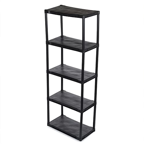 Home Basics 5 Tier Plastic Shelf, Black | Easy to Assemble | Solid Tier Shelves | Durable Resin Material